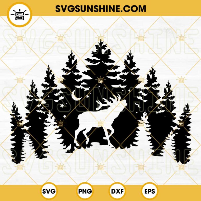 Deer In The Forest SVG, Deer Silhouette SVG, Pine Trees SVG, Stag SVG ...