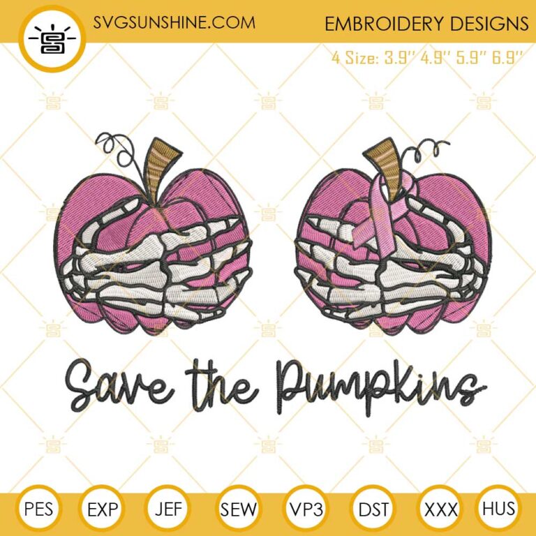 Save The Pumpkins Embroidery Design File, Pink Pumpkins With Skeleton ...