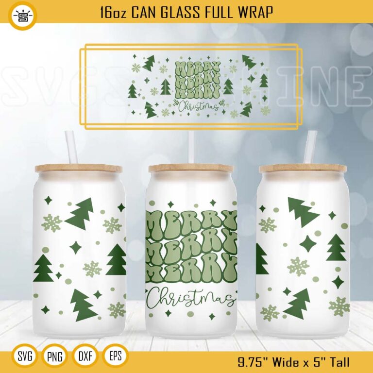 Merry Merry Merry Christmas 16oz Can Glass Full Wrap SVG, Retro ...