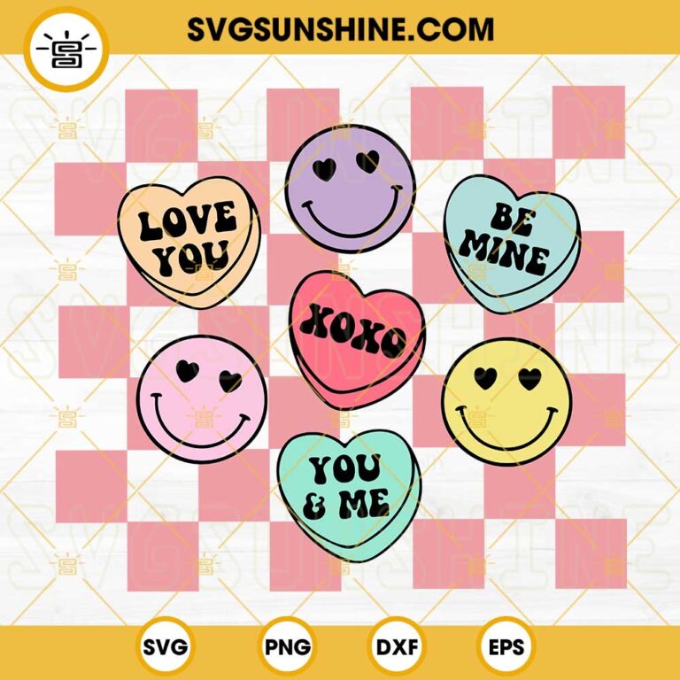 Smiley Face Candy Hearts SVG, Retro Valentines SVG, Groovy Valentines ...