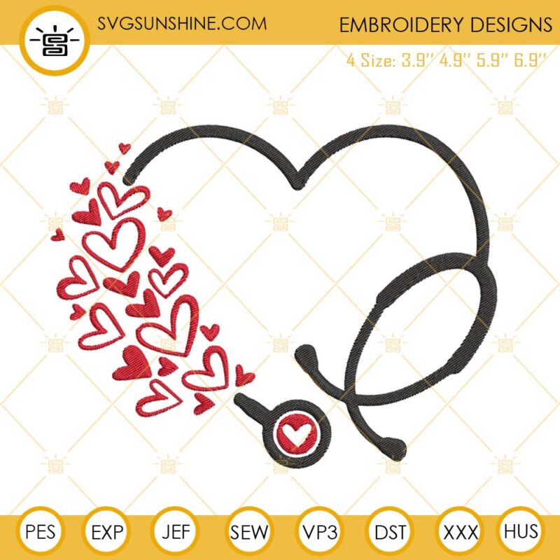 Heart Stethoscope Embroidery Designs, Valentine Nurse Embroidery Files ...