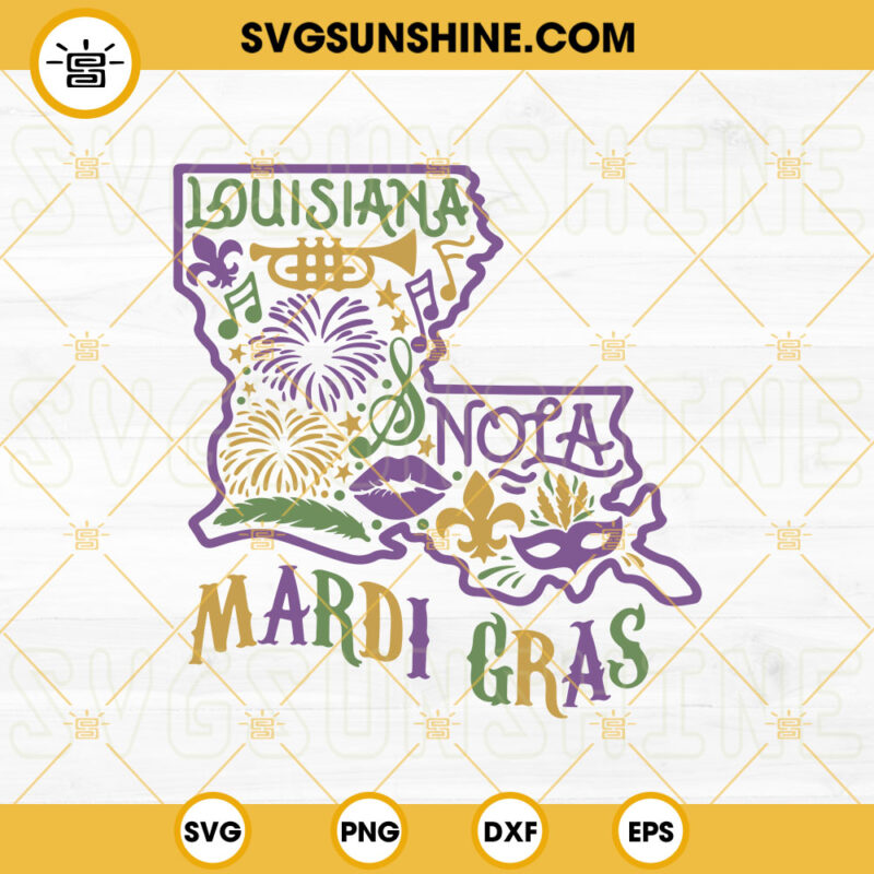 Mardi Gras Louisiana Map SVG, Nola SVG, Fleur De Lis SVG, Mardi Gras ...