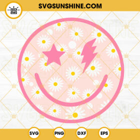 Pink Smiley Face Daisy SVG, Star Lightning Bolt Eyes SVG, Retro SVG PNG ...