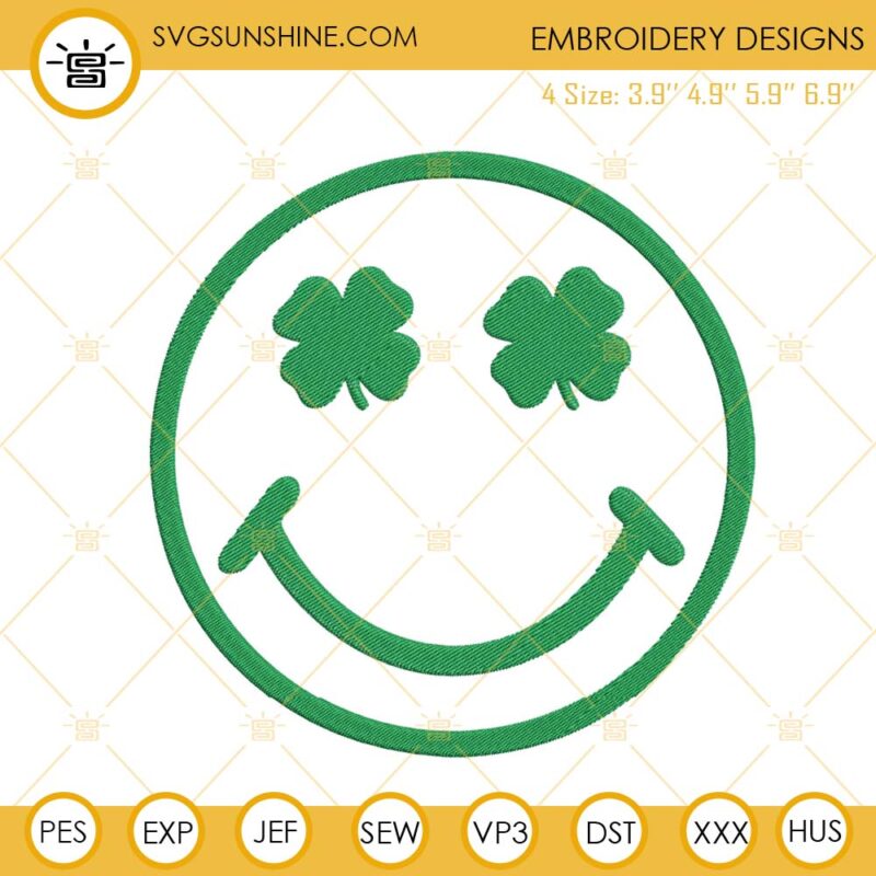 Smiley Face Shamrock Eyes Embroidery Design, Cute St Patricks Day ...