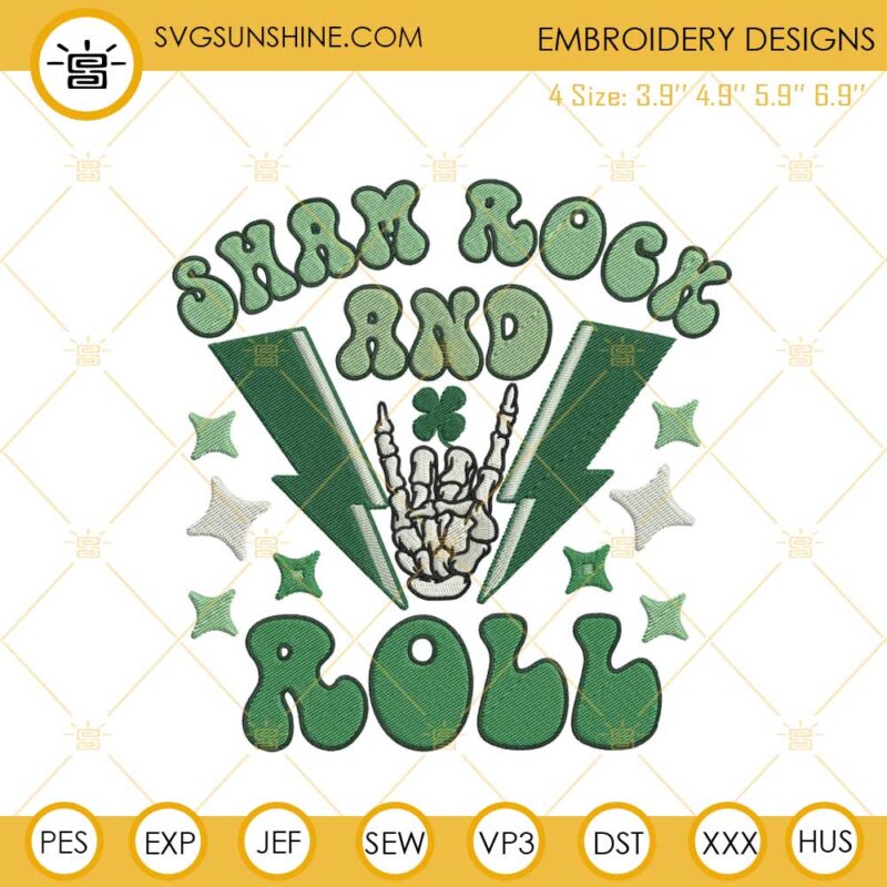 Sham Rock And Roll Embroidery Design, Skeleton Rocker St Patricks Day ...