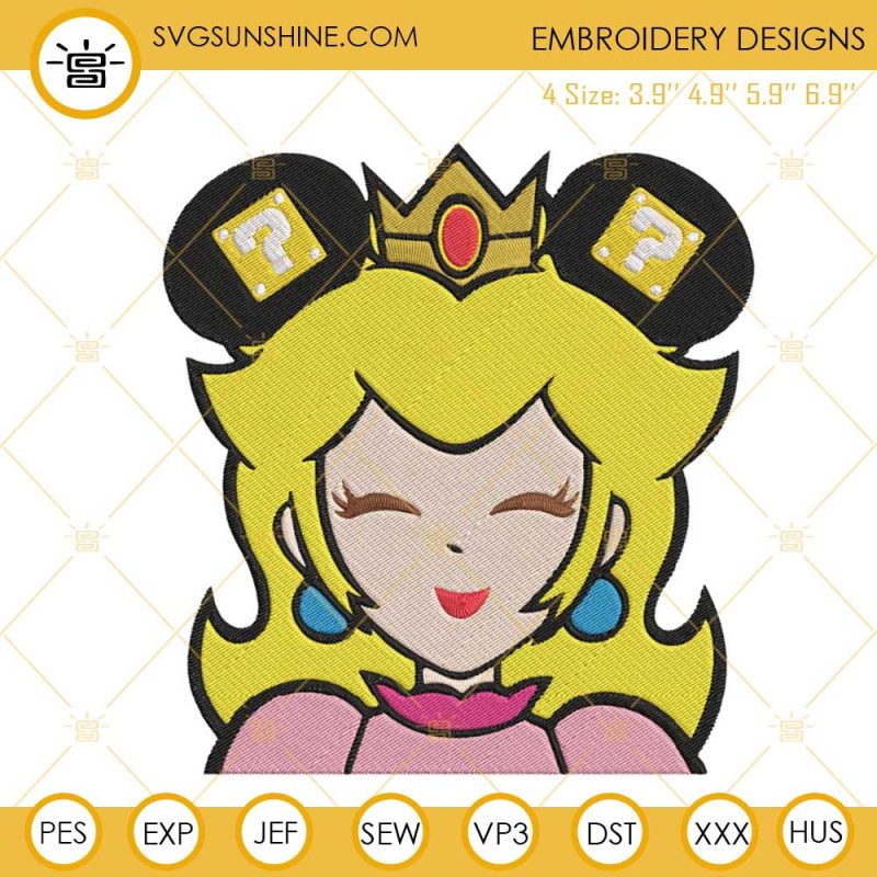 Princess Peach Mickey Ears Embroidery Files, Cute Super Mario Girl ...