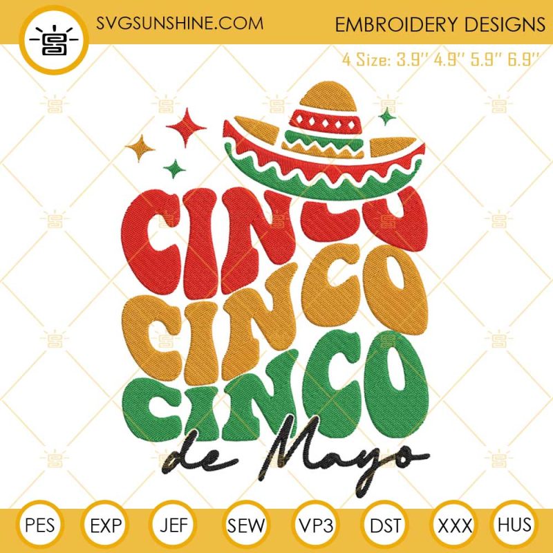 Retro Wavy Cinco De Mayo Embroidery Design, Mexican Fiesta Hat Machine ...