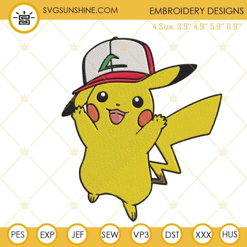 Pikachu Wearing Cap Embroidery Designs, Cute Pokemon Embroidery Files