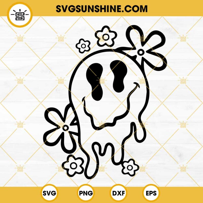 Drippy Smiley Face Flower SVG, Funny Smiley Face SVG, Retro Hippie Face ...