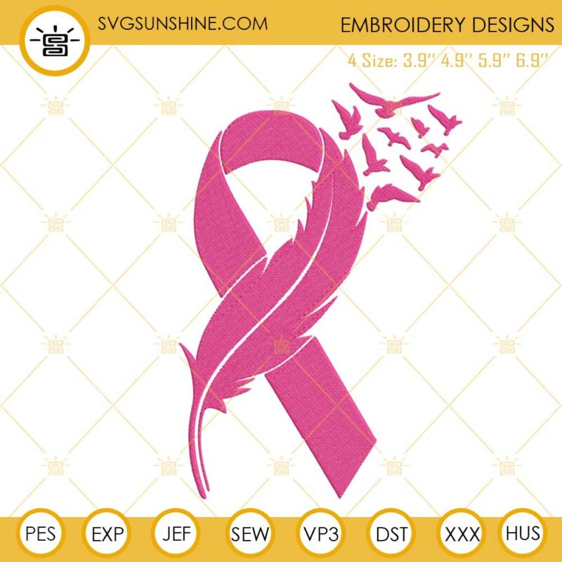 Pink Ribbon With Feather And Birds Embroidery Designs, Breast Cancer ...