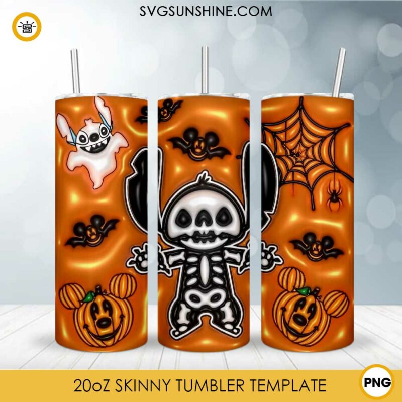 Stitch Skeleton 3d Puff 20oz Skinny Tumbler Design Png Disney