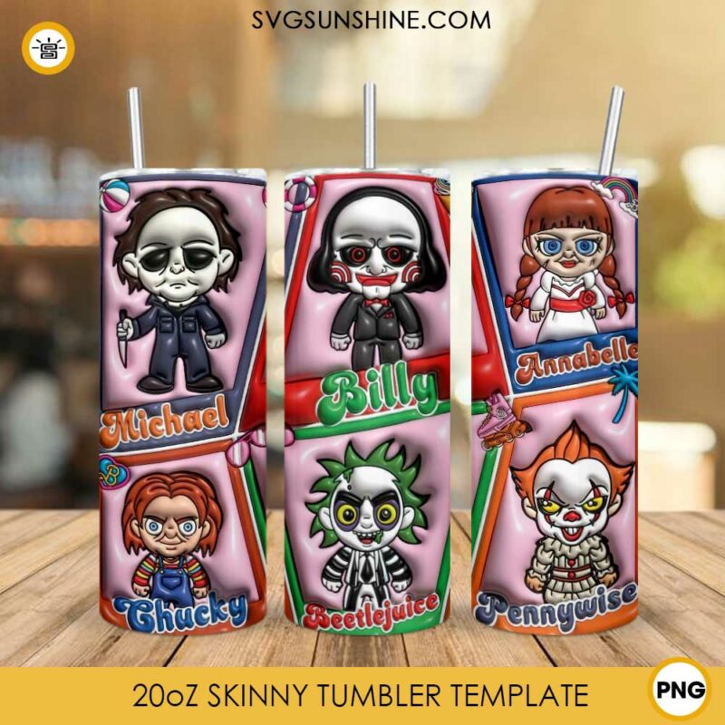 Chibi Horror Characters 3D Puff 20oz Tumbler Wrap PNG, Halloween 3D ...