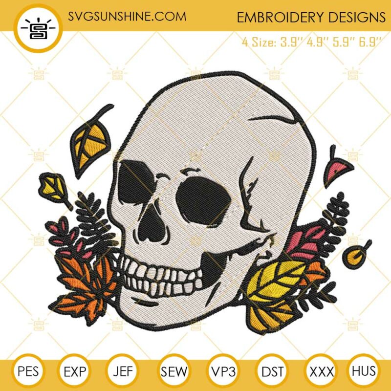 Skull Autumn Leaves Embroidery Files, Halloween Skull Fall Embroidery ...