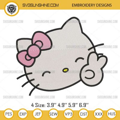 Hello Kitty Peace Sign Embroidery Design, Kawaii Kitty Embroidery Pattern