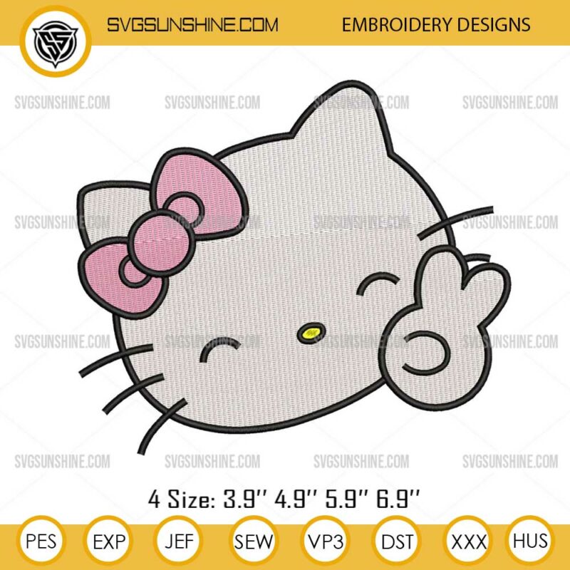 Hello Kitty Peace Sign Embroidery Design, Kawaii Kitty Embroidery Pattern