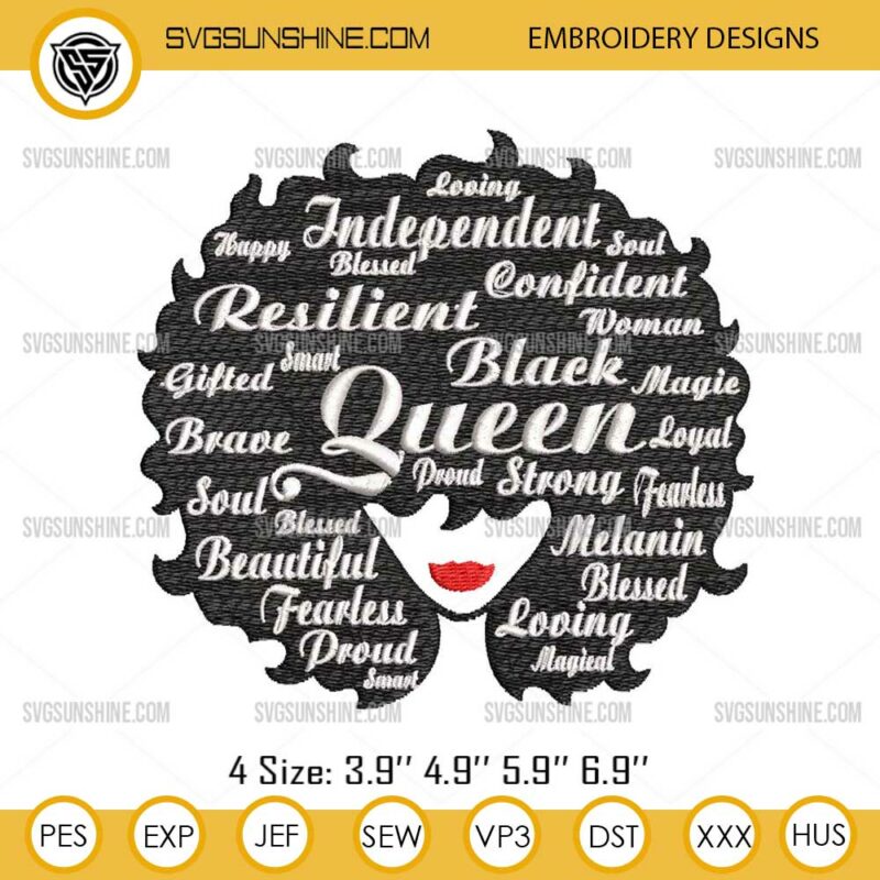 Black Queen Machine Embroidery Design, Black Girl Embroidery Design Files