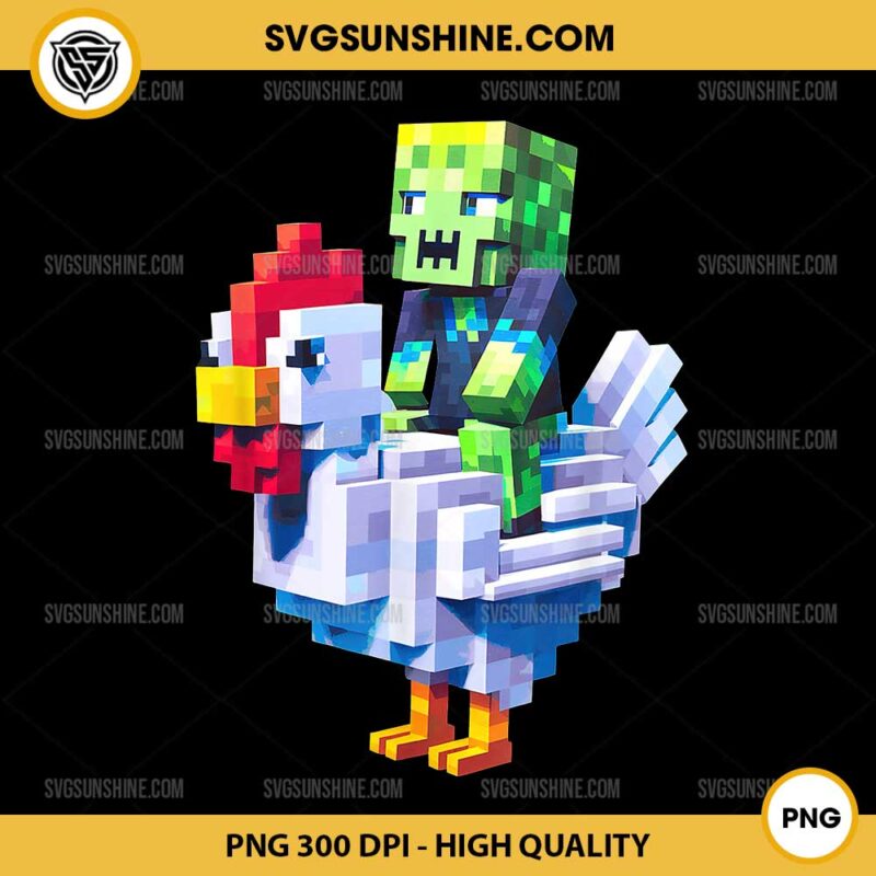Funny Chicken Jockey Zombie Pixel PNG, Pixel Zombie Riding Chicken PNG