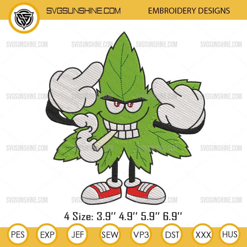 Cartoon Marijuana Leaf Embroidery Design, Funny Weed Middle Finger ...