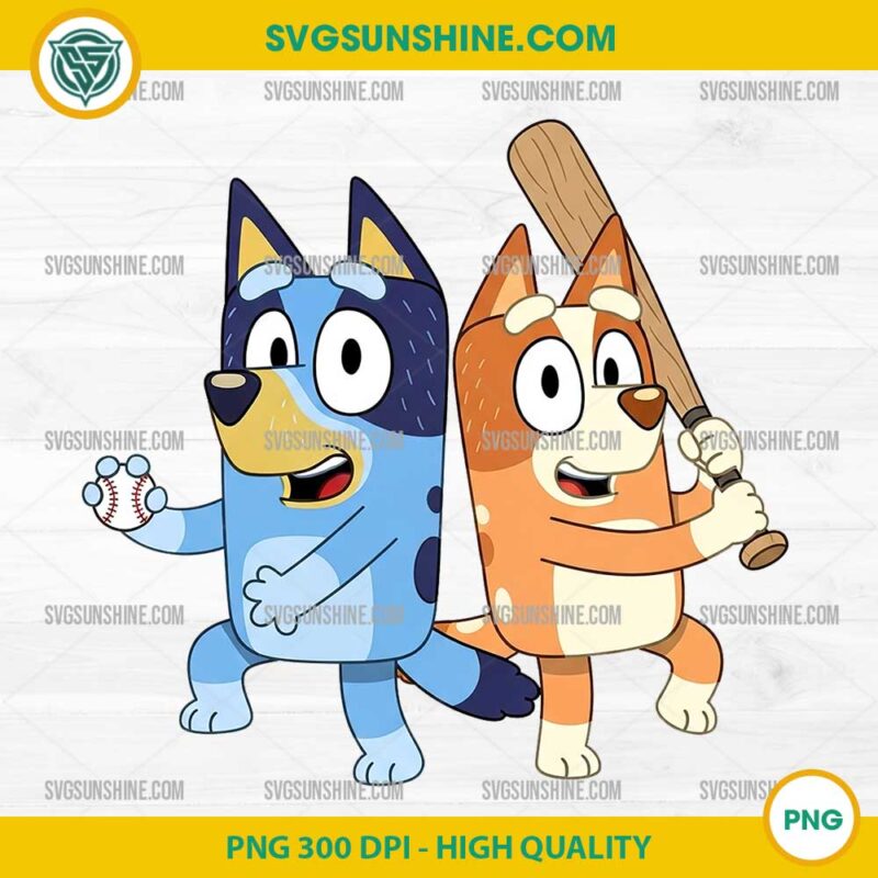 Bluey and Bingo Playing Baseball PNG – Cute Cartoon Clipart for Kids