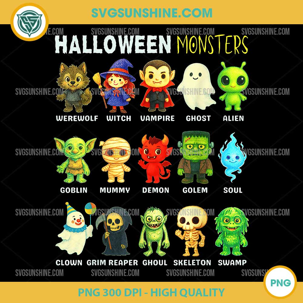Cute Halloween Monsters PNG – Spooky Character Lineup Clipart for Crafts