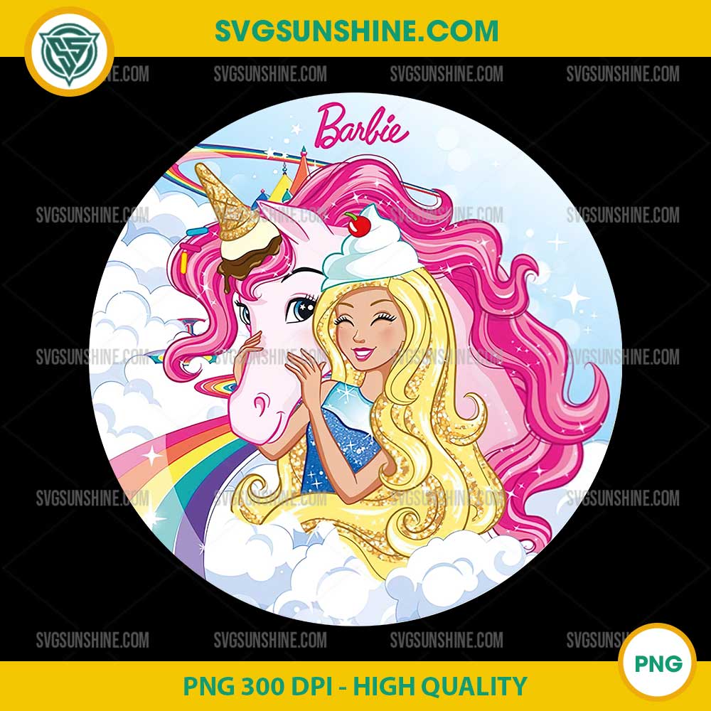 Barbie Unicorn PNG – Cute Rainbow Princess Clipart Digital Download