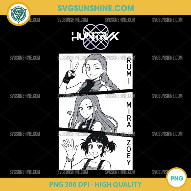 Huntrix Manga Portrait PNG – Rumi, Mira & Zoey from KPop Demon Hunters