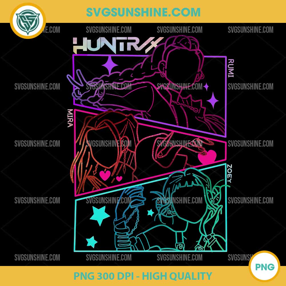 Huntrix Neon Line Art PNG – Rumi, Mira & Zoey Digital Download | KPop Demon Hunters