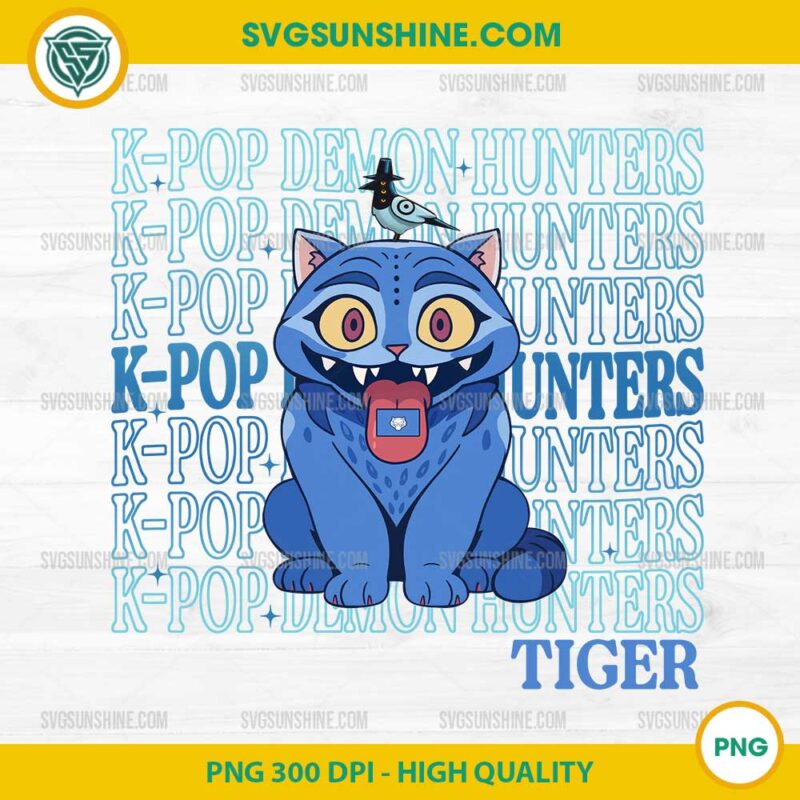KPop Demon Hunters Blue Tiger PNG – Cute Derpy Tiger with Text Background