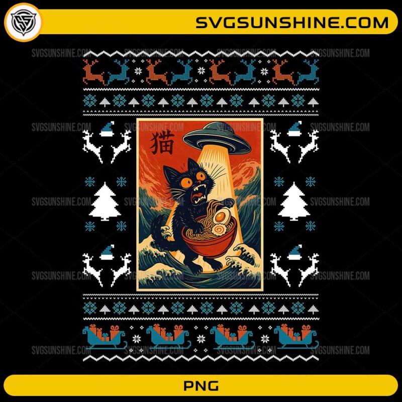 Christmas Cat Ramen UFO PNG | Funny Japanese Cat Ugly Christmas Sweater ...