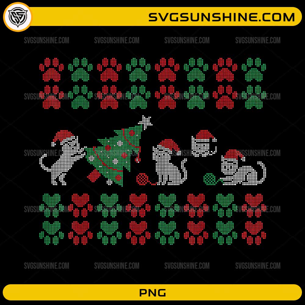 Christmas Cat Ugly Sweater PNG | Knitted Cat Paw Pattern Christmas ...