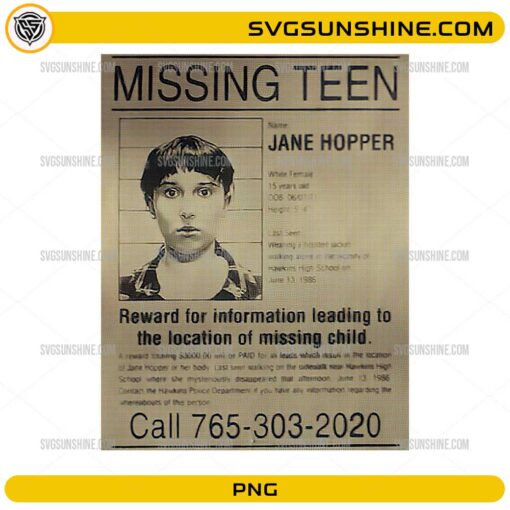 Stranger Things 5 Missing Teen Jane Hopper PNG | Vintage Missing Poster ...