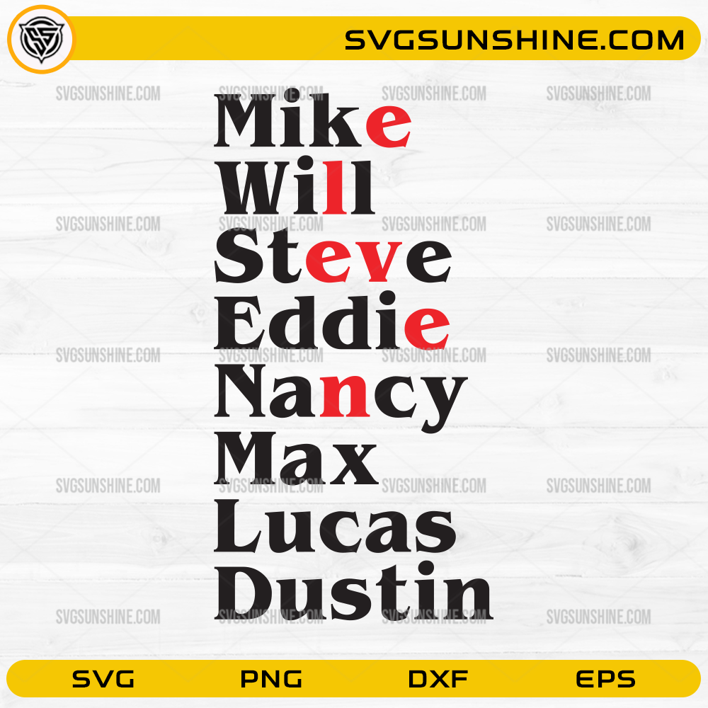 Stranger Things Characters Names SVG | Mike Will Steve Eddie SVG PNG Design
