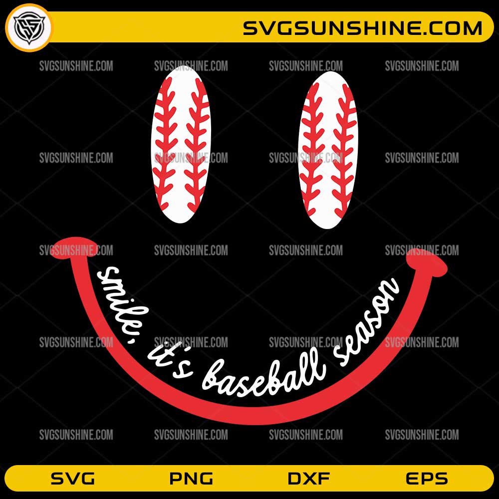 Smile It’s Baseball Season SVG – Baseball Smiley Face PNG DXF EPS Cut File